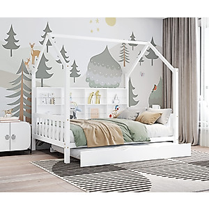 DEINPPA Twin House Bed with Shelf, Twin Bed Frame with Trundle & Guardrail for Kids Children Toddlers, No Box Spring Needed
