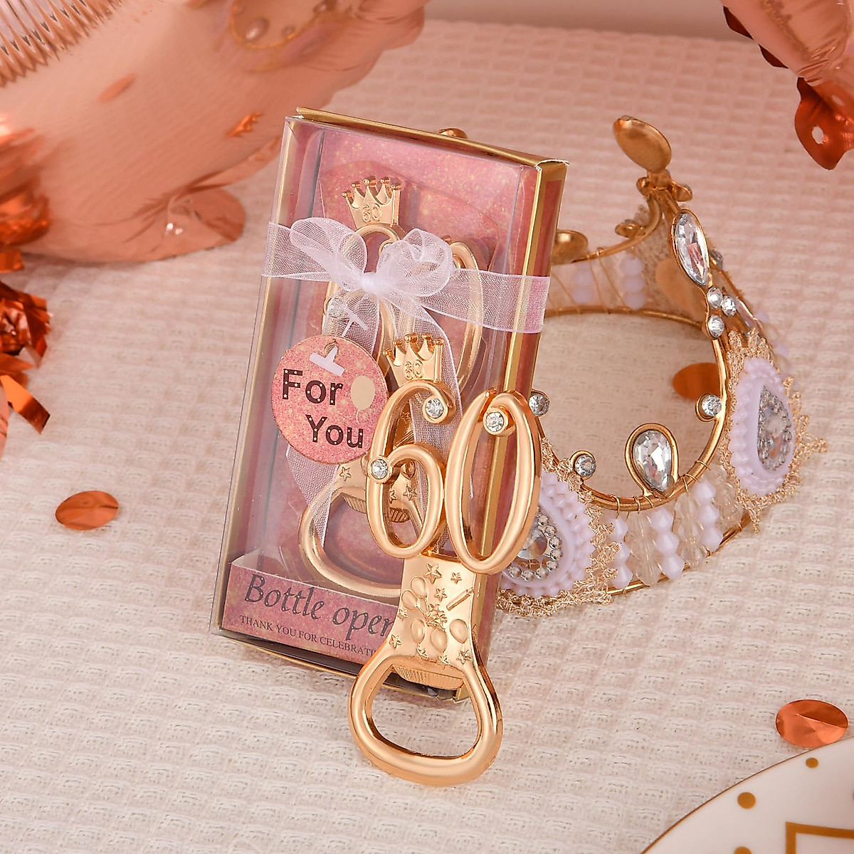 24 boxes of rose gold themed 60th birthday bottle openers favored for 60th golden wedding party gifts 60th birthday party souvenirs or party decorations (60th)