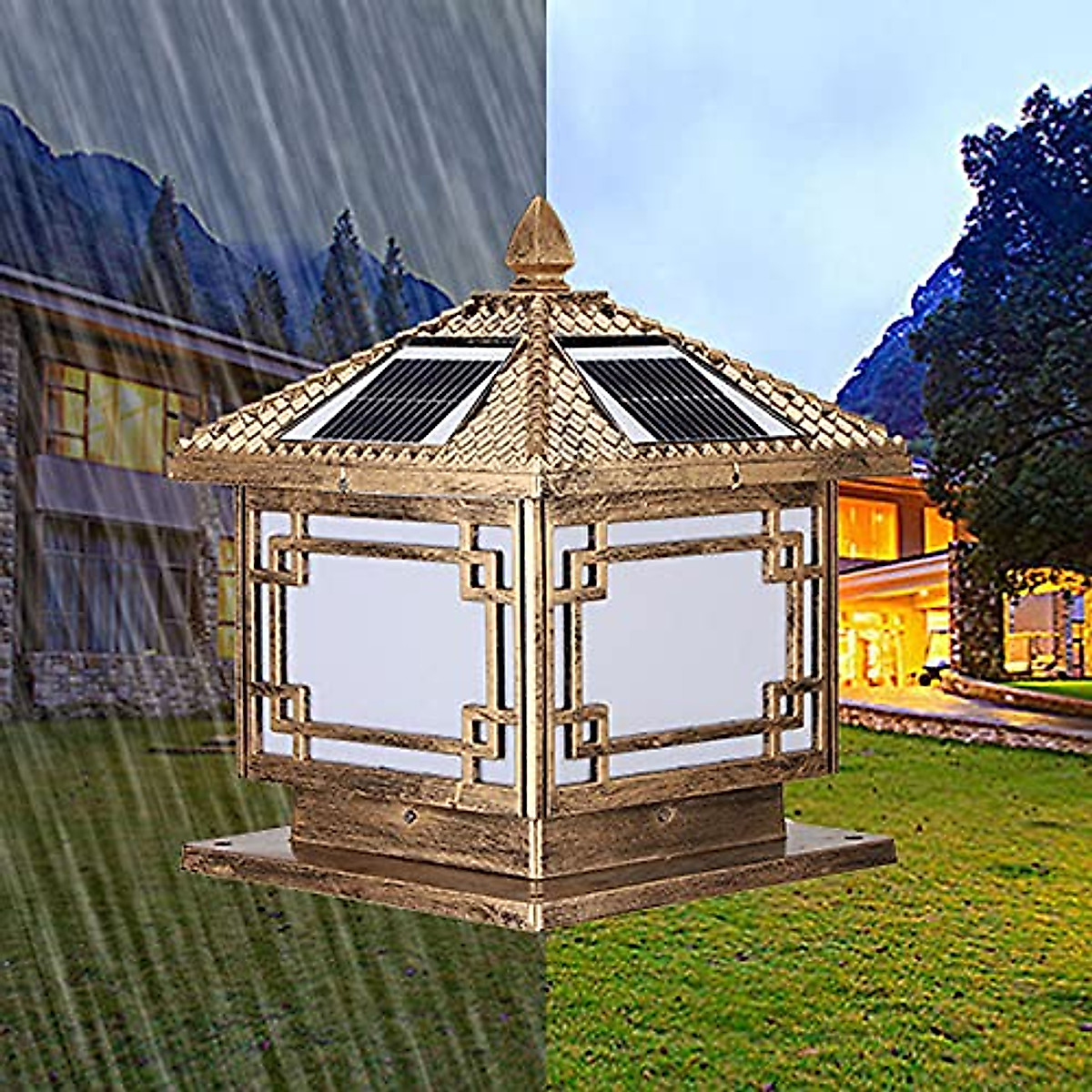 KAIKEA Bronze Square Solar LED Cast Aluminum Lights Outdoor Garden Waterproof Column Post Light Fixture Bright Traditional Classical Acrylic Villa Porch Decor Pillar Lamp（15.7inches）