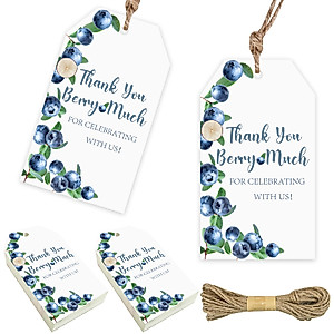 Fangleland 50Pcs Blueberry Thank You Tags Party Decorations, Thank You Berry Much Fruits Themed Gift Tags for Birthday Baby Shower and Bridal Shower Party.
