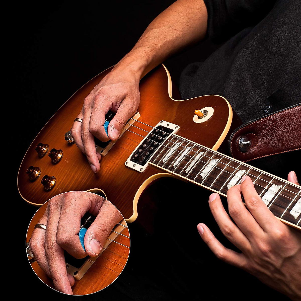 Guitar Picks & Guitar Picks Holder, 2 Black Stick-on Holders, 20 Pieces Guitar Picks, 1 Storage Case, Easy to Paste Suitable for Guitar/Electric Guitar/Bass/Ukulele (Colorful Celluloid Guitar Picks)