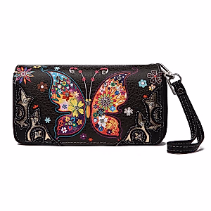 Western Style Butterfly Rhinestone Concho Studded Embroidered Floral Country Wrist Strap Women Wristlet Double Zip Wallet (Black2)