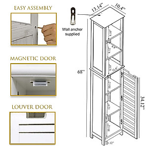 EVIDECO French Home Goods Bathroom Linen Tower Cabinet Miami 1 Door 5 Shelves Wood White