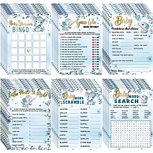 Jetec 302 Pcs Blue Elephant Theme Baby Shower Games, 6 Games, 50 Sheets Each, Include Baby Shower Bingo, Word Scramble, Word Search, Baby Predictions and Advice, The Price is Right, Guess Who