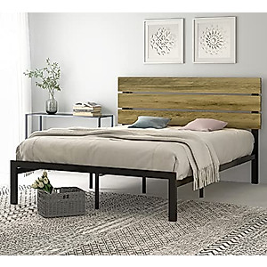 SHA CERLIN Queen Size Bed Frame, Metal Platform Bed with Wooden Headboard and Strong Metal Slats, Mattress Foundation, Rustic Country Style, No Box Spring Needed, Light Brown
