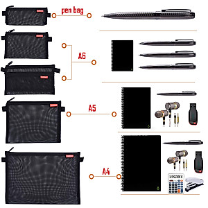 Pendancy Mesh Zipper Pouch 5pcs Lightweight Nylon File Folders Document Organizer Cosmetic Bags Accessories Storage for Travel and Office Supplies (Black, A4 A5 A6)