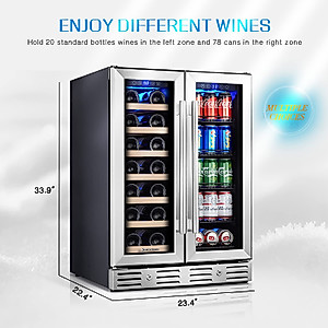 Kalamera Wine and Beverage Refrigerator, 24 inch Wine Fridge Dual Zone Hold 20 Bottles and 78 Cans, Digital Touch Control, Built-In or Freestanding