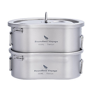 usharedo Boundless Voyage Titanium Camping Pots Set with Hanging Ring Ultralight Portable Bowl Picnic Cookware Titanium Canteen Mess kit for Outdoor Hiking Backpacking Mountaineering Ti15123B