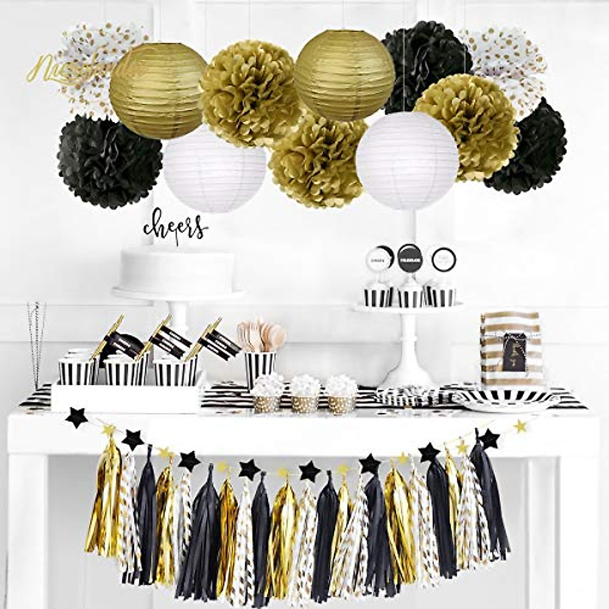 NICROLANDEE Black and Gold Party Decorations - 28Pcs Black Gold Tissue Paper Pom Poms Flowers Hanging Paper Lanterns Star Garland Tassel for Wedding, Birthday, Prom Night, New Years Decorations