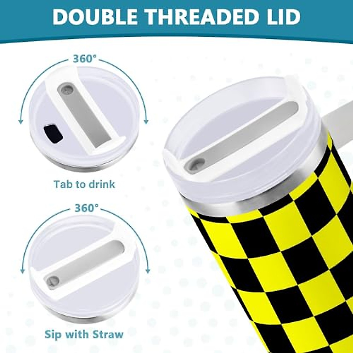 Caikeny Insulated Tumblers with Lid and Straw Checkerboard Yellow 40 oz Reusable Stainless Steel Cup Black Water Bottle Coffee Travel Tumbler Mug for Women Men