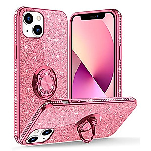 OCYCLONE for iPhone 13 Case, Glitter Sparkle Diamond Cover with Ring Stand Protective Phone Case Compatible with 6.1 inch iPhone 13 Case for Women Girls - Pink