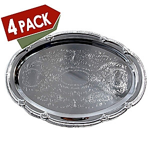 Maro Megastore (Pack of 4) 14.7" x 10.6" Oval Shape Chrome Plated Serving Tray Plate Food Art Deco Floral Pattern Engraved Multi-Purpose Holiday Party Buffet Wedding Birthday (Large) T125L-4PK
