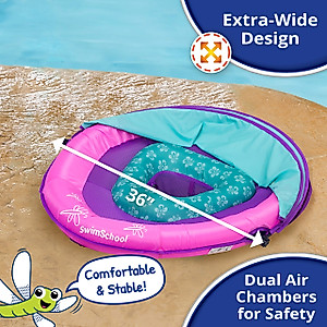 SwimSchool Deluxe Baby Pool Float with Adjustable Canopy - 6-24 Months - Baby Swim Float with Splash & Play Activity Center Safety Seat - Pink/Aqua