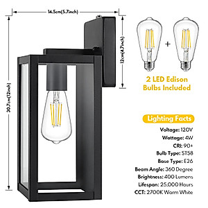 2-Pack Dusk to Dawn Outdoor Wall Light Fixtures with 2 LED Bulbs, Exterior Wall Mount Lanterns Waterproof, Wall Sconces in Matte Black Anti-Rust Wall Lamps with Clear Glass for Doorway Porch Garage