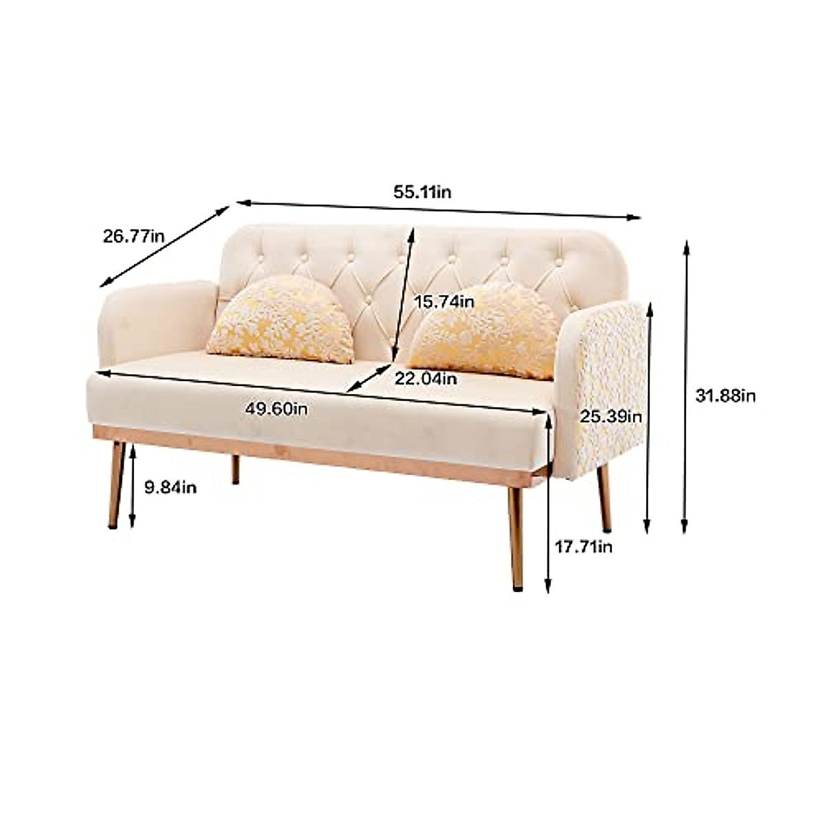 Anwickmak Twin Size Loveseat Accent Sofa Small Velvet Couch with Elegant Moon Shape 2 Pillows and Golden Metal Legs, for Living Room Bedroom Sofa with Tufted Backrest, (Beige)