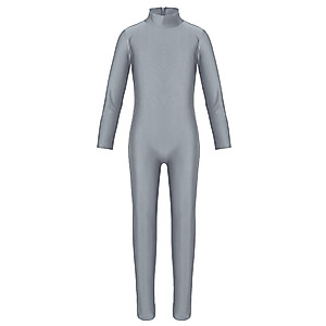 JEATHA Kids Girls Classic Long Sleeves Full Body Gymnastics Exercise Unitard Sports Leotard Bodysuit Costumes Dark Gray 13-14