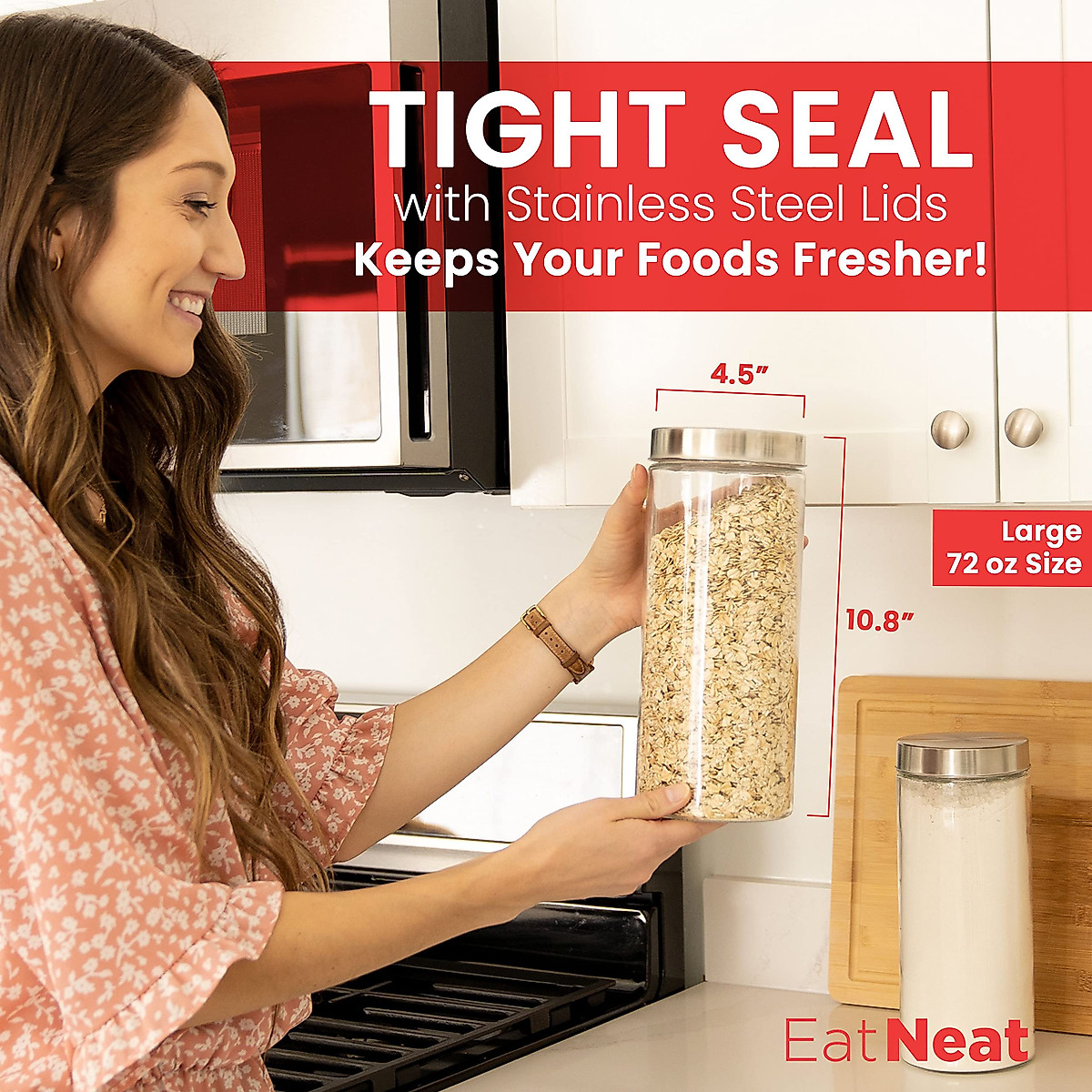 EatNeat 6 Piece Glass Canisters with Airtight Stainless/Snap Locking Lids - Tall Storage Glass Jars for Pantry & Kitchen