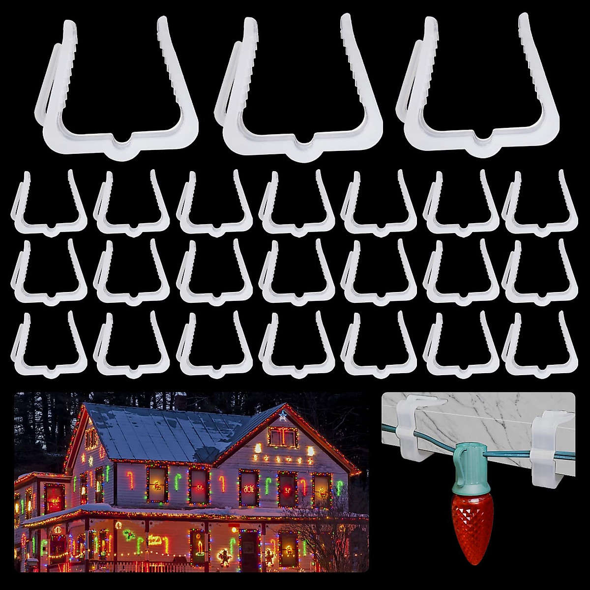 CXLHO 50 Pieces Christmas Holiday Light Hanger Hooks, 1.62" Fascia Boards Clips White, Plastic Holiday Light Clips for C7, C9, Mini String Lights Outdoor Roof Roofline Deck Eave Christmas Decoration