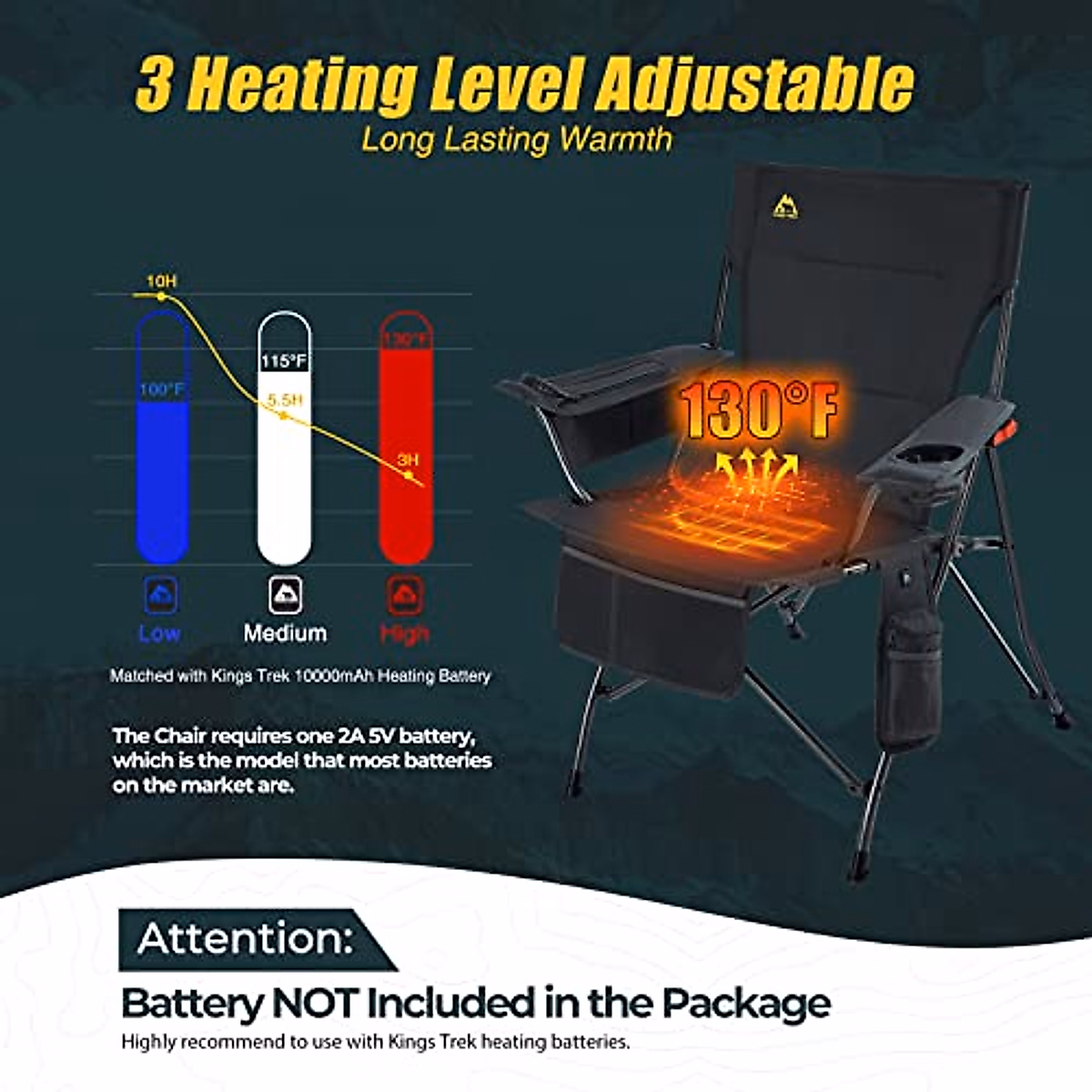 KINGS TREK Camping Chair Heated Foldable, Lightweight for Adult with Cooler, USB Heating Chair for Outdoor, Camping, Hiking, Sports(5V 2A Battery Pack Required)
