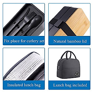 Collect Beauty Stackable Lunch Container with Bamboo Lid Bento Box for Adult with Lunch Bag and Flatware Set Black