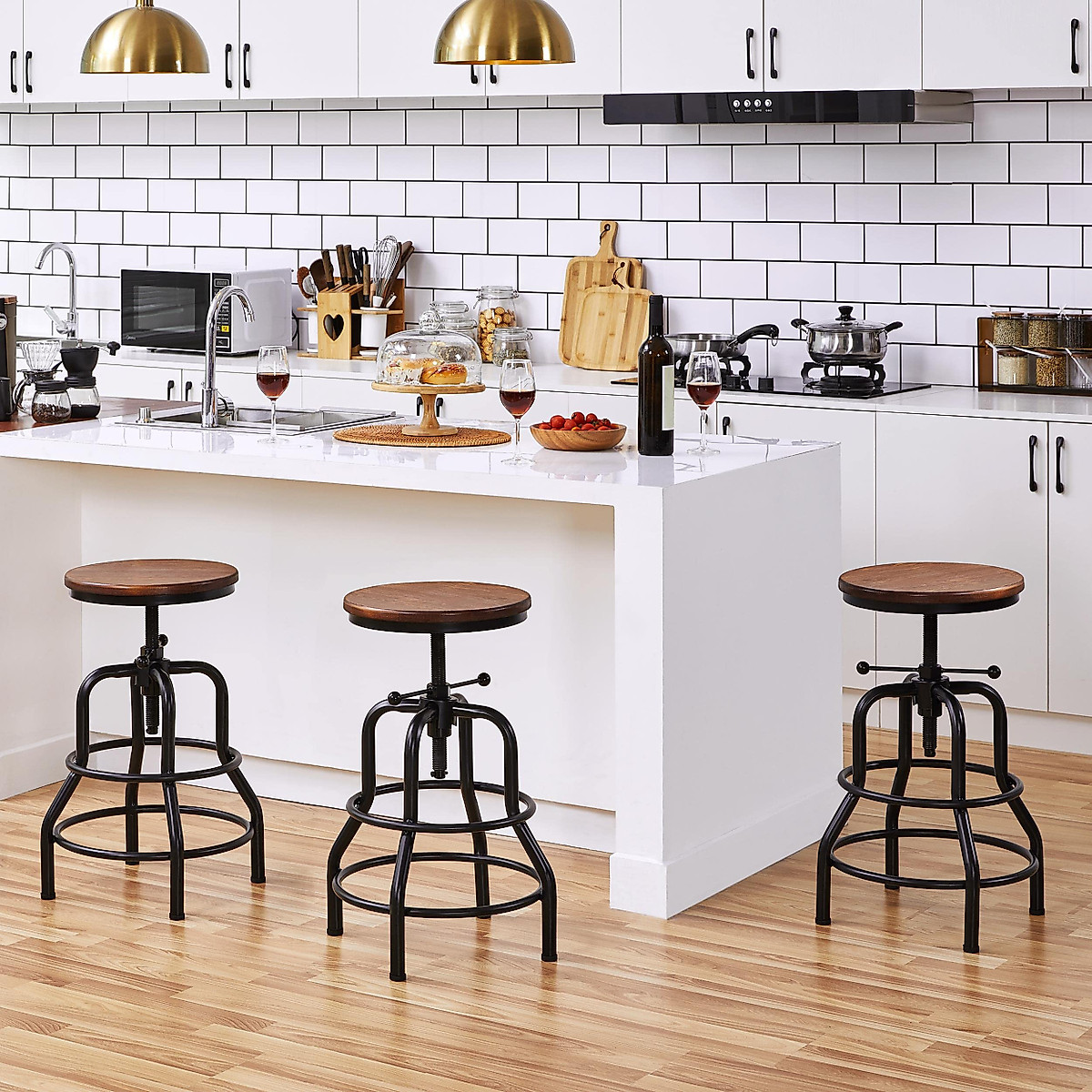 Yaheetech Industrial Bar Stool Vintage Counter Rustic Counter Height Metal Bar Stool Adjustable with Round Wood Seat Kitchen/Dining/Cafe Chair 20-27 Inch Tall, Brown, 1PCS