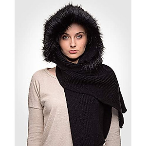 Futrzane Faux Fur Hooded Scarf for Women - Versatile Knitted Cowl for Winter (Black - Black Raccoon)