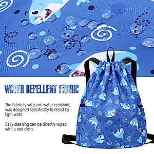 Ryushoyo Children Boy Girl Ocean Shark Print Drawstring Backpack Outdoor Casaul Portable Shoulder Bag Swim Gymsack Sack Pack Dark Blue