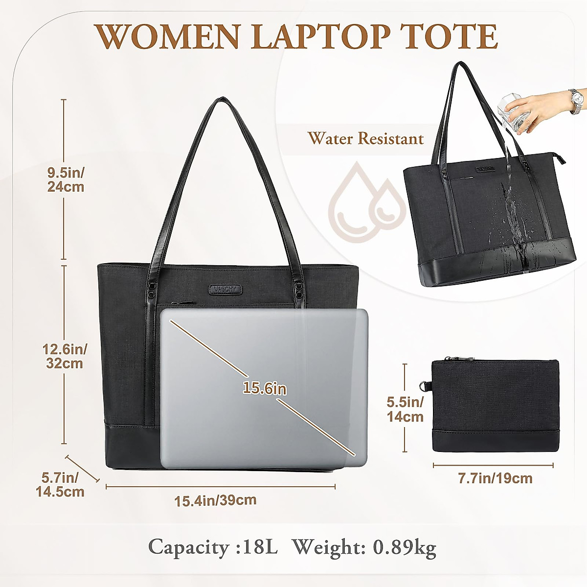VASCHY Laptop Tote Bag for Women, Large 15.6inch Computer Teacher Bag Purse Briefcase for Travel,Work,Business,Office Black