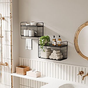 ENPKLUTE Bathroom Shelves Over Toilet Set of 2, Floating Bathroom Shelves Wall Mounted, Bathroom Shelf with Towel Bar & Toilet Paper Basket, Rustic Wall Shelves for Bathroom, Bedroom, Kitchen, Black