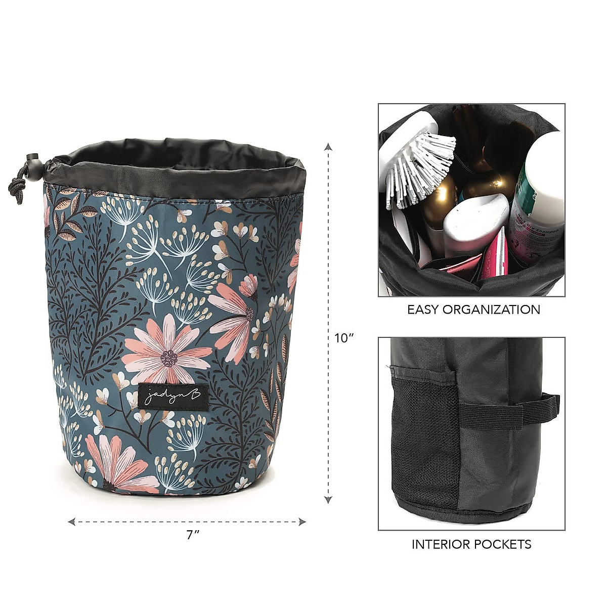 Jadyn Durable Cinch Top Makeup Organizer - Compact Travel Makeup Bag - 7 Interior Pockets for Cosmetics - Drawstring Toiletry Travel Bag for Women - 6L Storage Capacity - (Navy Floral)