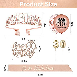 Chenkaiyang 30th Birthday Decorations, Birthday Crown and Sash for Girls Rhinestone Tiara Set Rose Gold Party Decors Including Candles, Cake Toppers and Balloons 30th Birthday Gifts for Girls