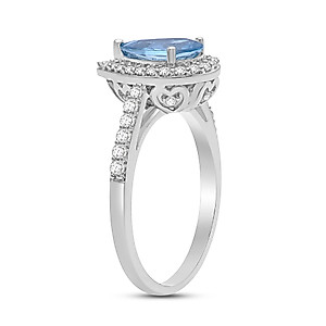 Jewelili Sterling Silver 9x6 MM Pear Cut Aquamarine and Round Created White Sapphire Engagement Ring Size 7