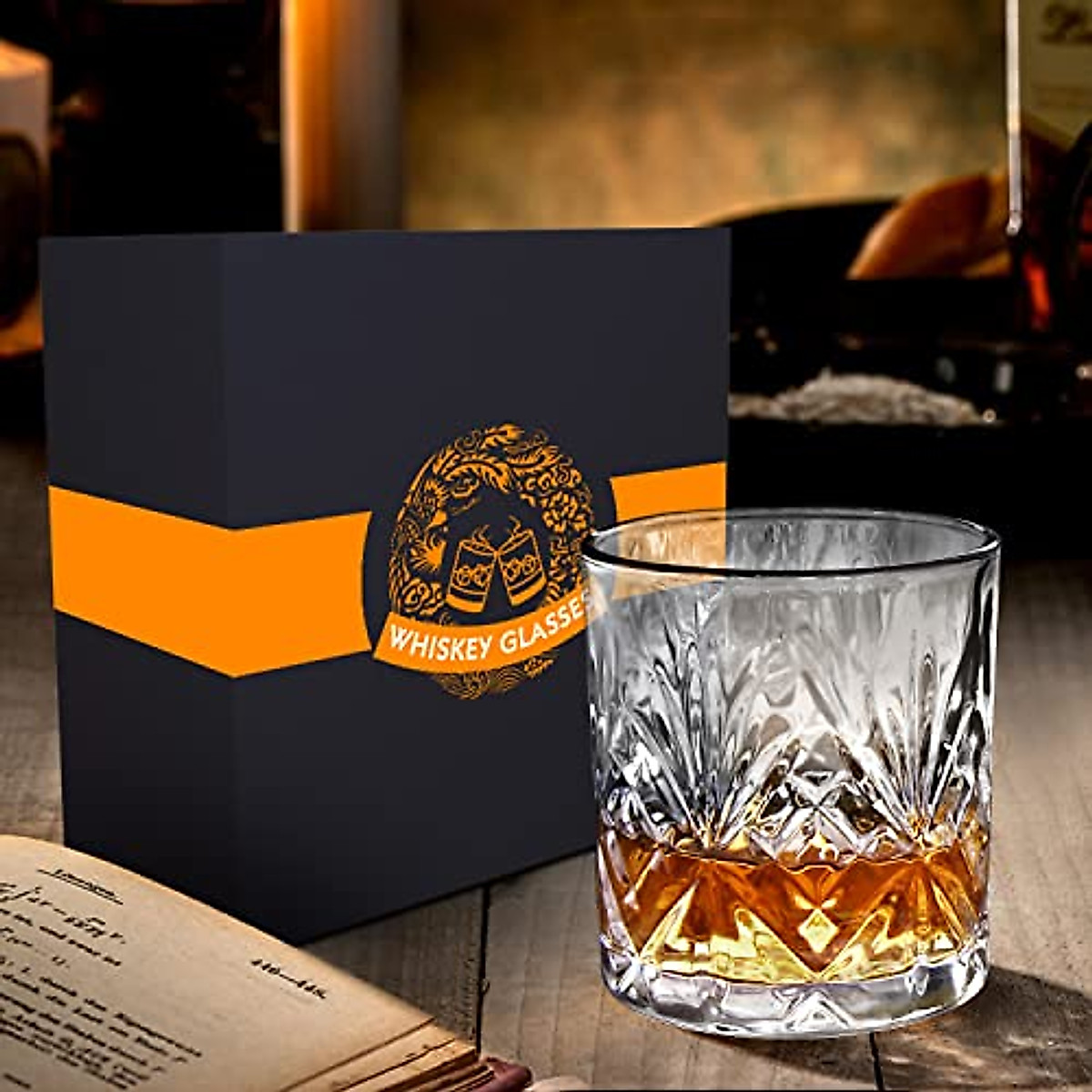 Rosoenvi Whiskey Glass Set of 4, Old Fashioned Glasses with Gift Box, 10oz Rocks Glasses Barware for Whiskey, Bourbon, Scotch and Liquor Drinks, Gift for Men