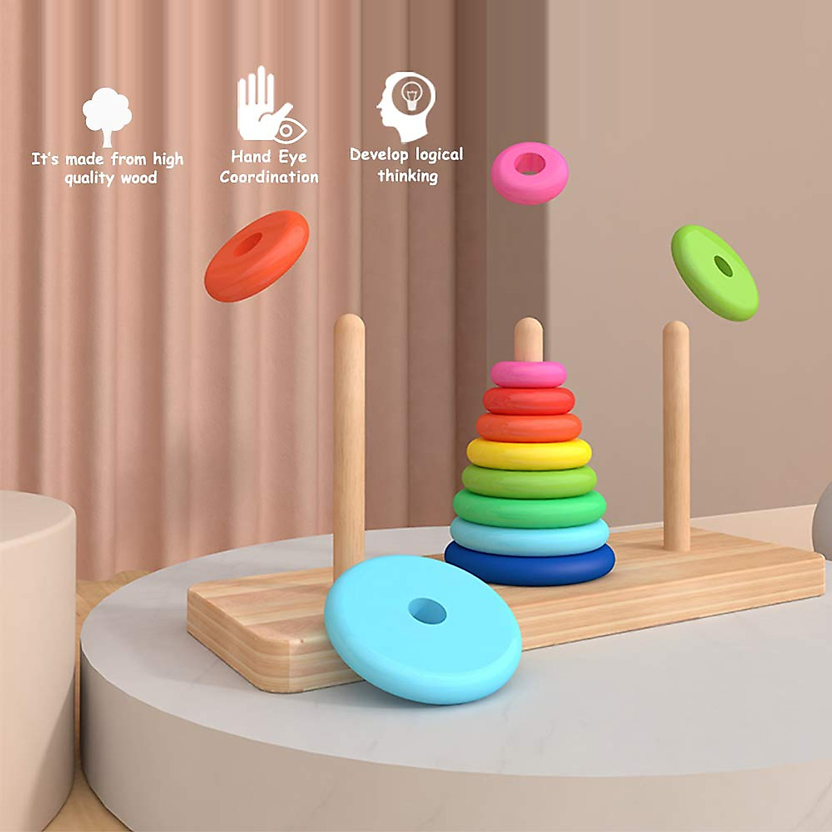 GYBBER&MUMU Wooden Towers of Hanoi (8 Rings) Rainbow Blocks Toy with Storage Box for Kids 3 Years and Up