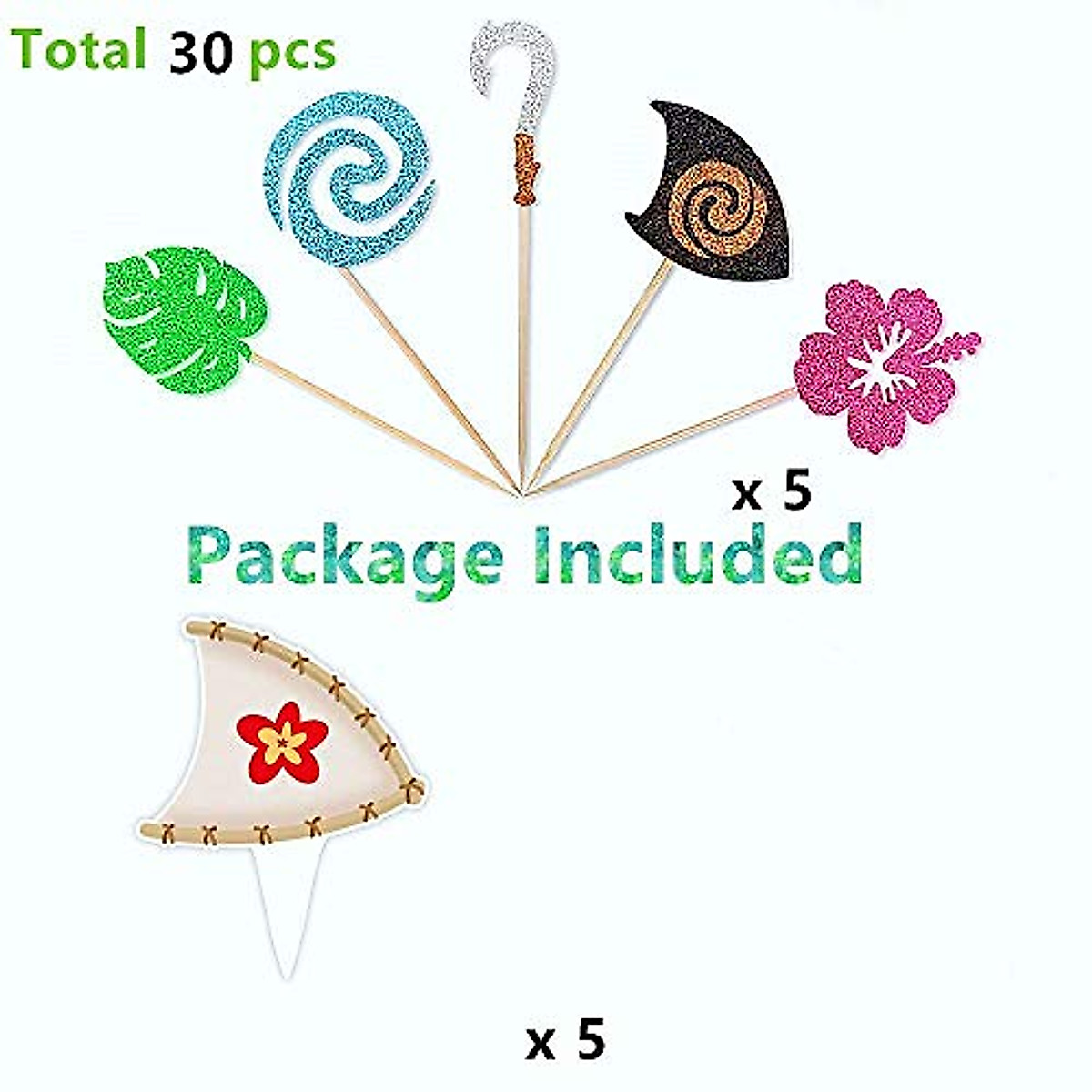 30 Pcs JeVenis Glittery Moana Inspired Cupcake Toppers Moana Cake Toppers Hawaiian Birthday Party Decoration for Tropical Luau Summer Party Baby Shower Wedding