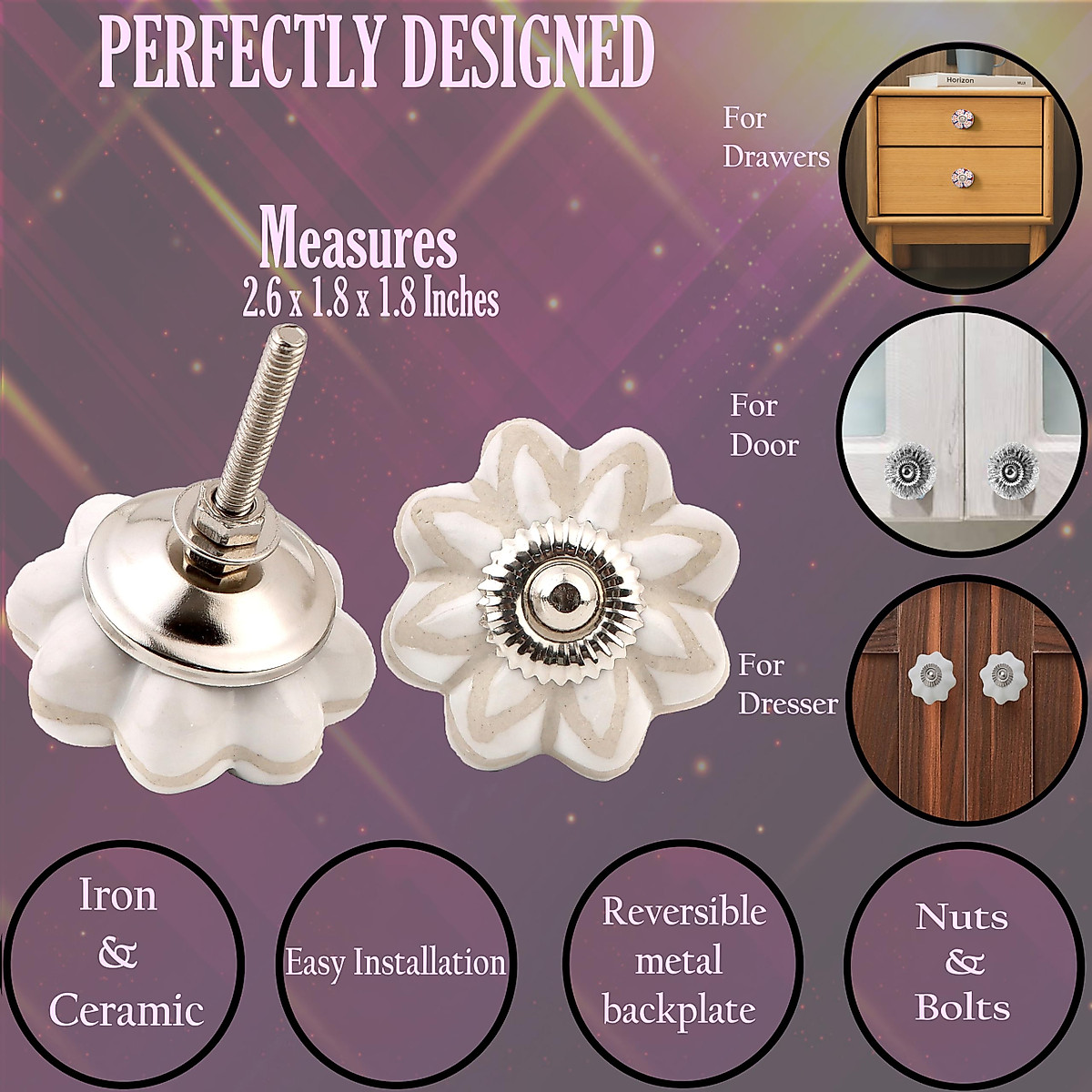 Set of 12 Ceramic Knobs Decorative Knobs for Home Kitchen Cabinet Cupboard Door Dresser Wardrobe Pulls Cabinet Knobs Ceramic Drawer Pull Kitchen Cupboard Pull Door Handle - White Silver