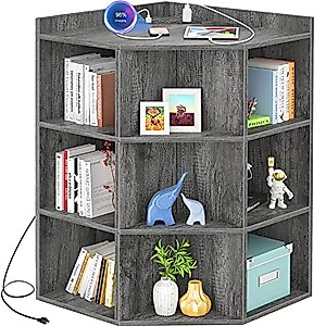 Aheaplus Corner Cabinet, Corner Storage with USB Ports and Outlets, Corner Cube Toy Storage for Small Space, Wooden Corner Cubby Bookshelf with 9 Cubes for Playroom, Bedroom, Living Room, Grey Oak
