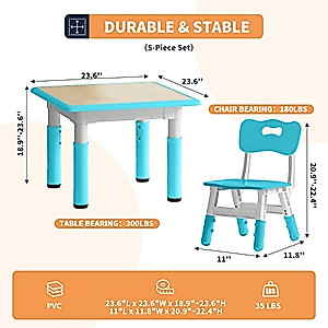 wanan Kids Table and Chair Set, Height Adjustable Toddler Table and 4 Chairs Set, Kids Table for Playing, Drawing, Eating, Studying, Easy to Clean Arts & Crafts Table for Ages 2-10 (Light Blue)