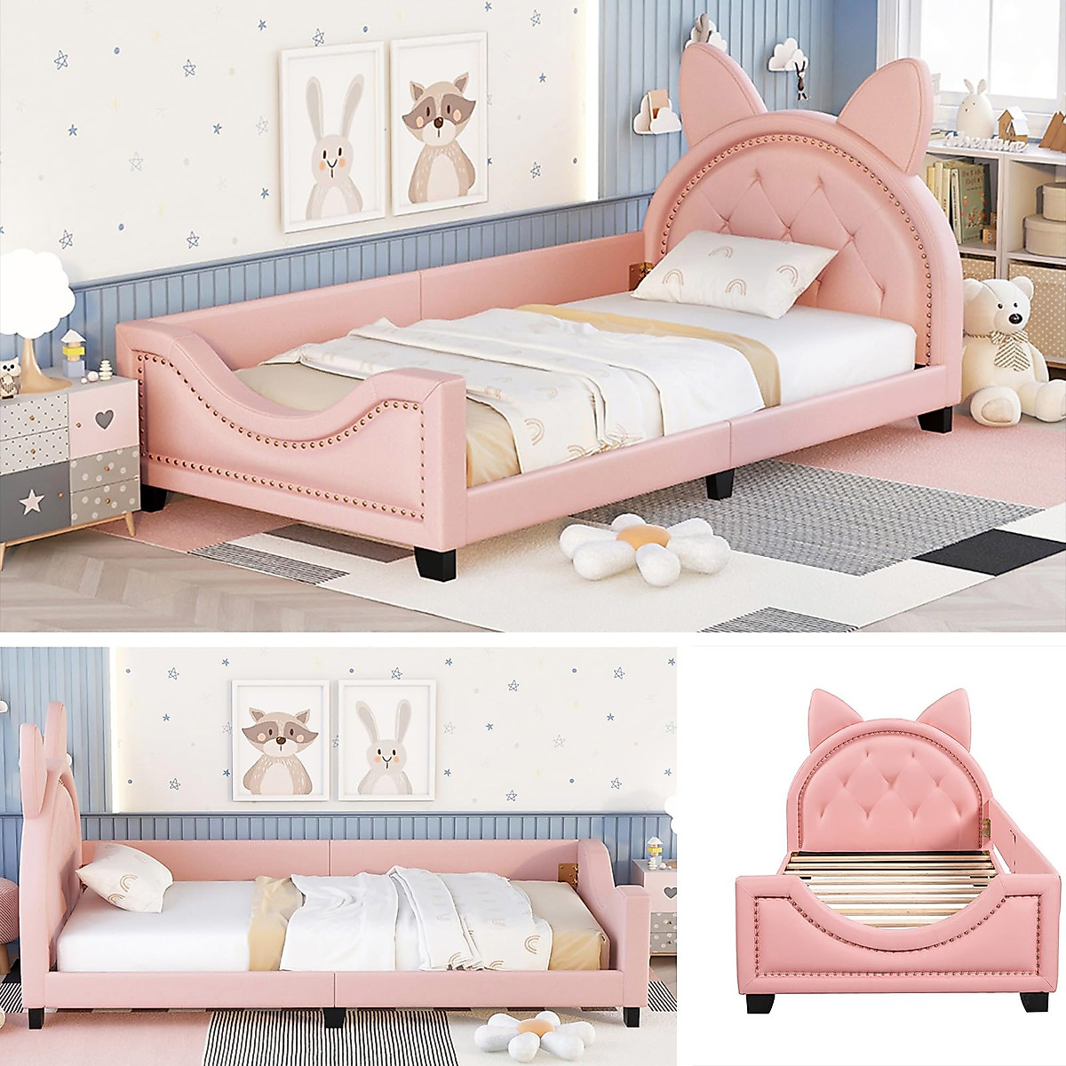 Cute Twin Size Upholstered Daybed, PU Leather Platform Bed with Carton Ears Shaped Headboard, Wooden Slat Supports Bed Frame for Kids, Girls, Boys, Child's Room, No Box Spring Needed (Pink)