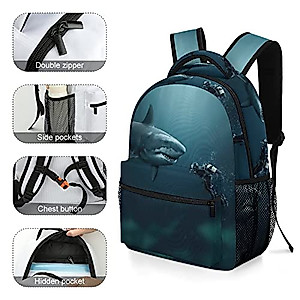Undersea Shark Laptop backpack,Funny Ocean Wildlife Shark Diver Face to Face Backpack with Padded Shoulder Straps One Size