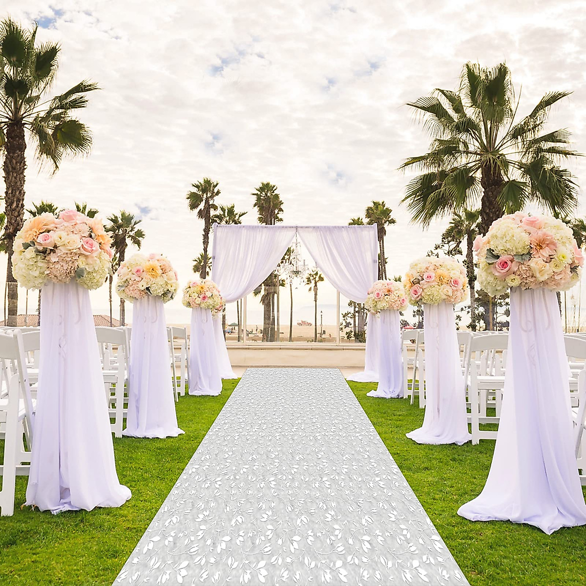 EZLucky Aisle Runner for Wedding Ceremony 3X100 ft, White Olive Branch Scroll Pattern, Pull String Included, Perfect for Wedding, Parties, Christmas Decor, Indoor & Outdoor Use 40gsm Thickness