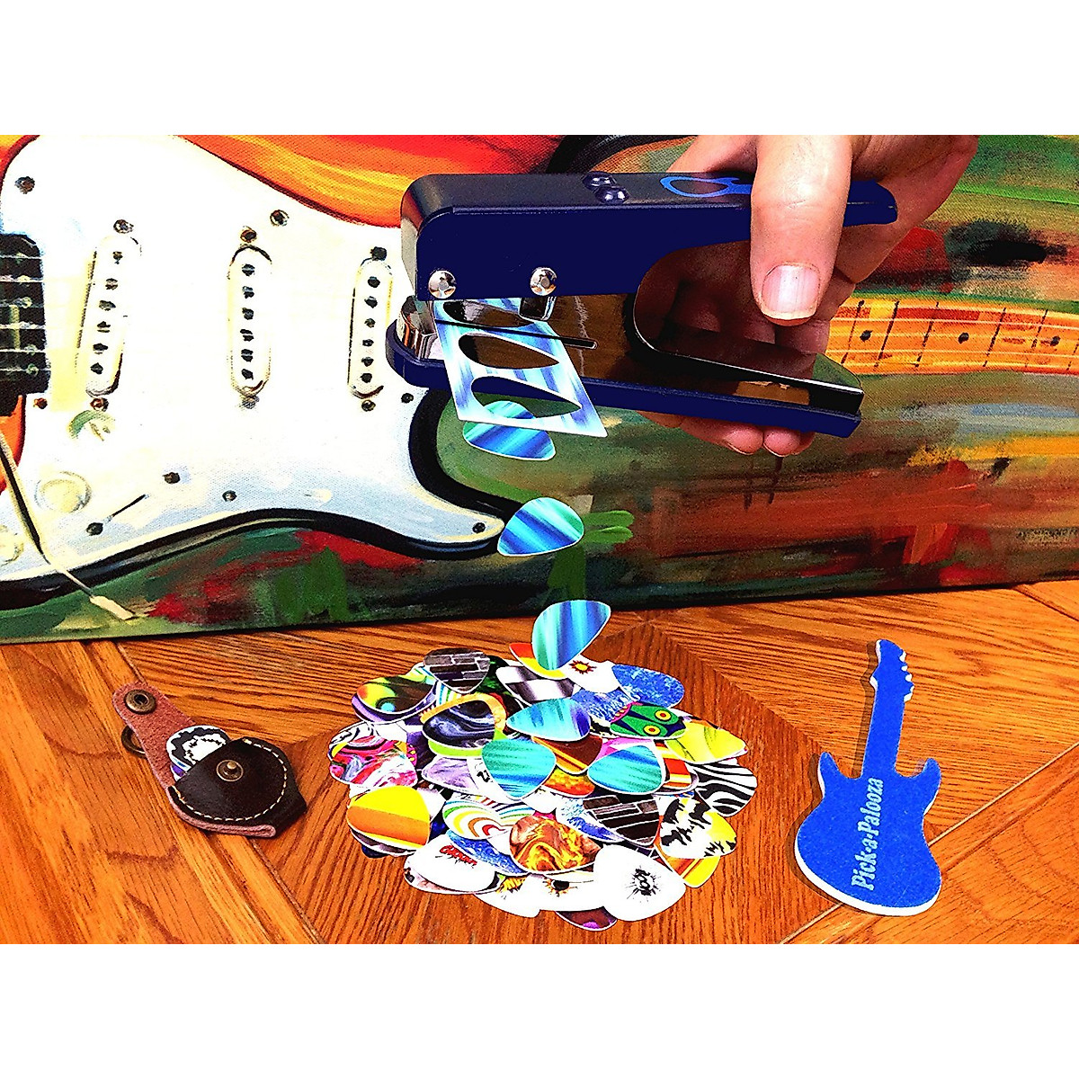 Pick-a-Palooza DIY Guitar Pick Punch Mega Gift Pack - the Premium Guitar Pick Maker - Includes Leather Key Chain Pick Holder, 15 Pick Strips and a Pick File - Blue