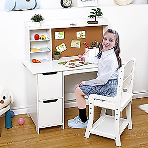 Wooden Sdudy Desk with Chair for Kids, Children School Study Table with Hutch and Chair, White Learning Table with Bookshelf, Bulletin Board and Cabinets, for 3-8 Years Old Boys and Girls