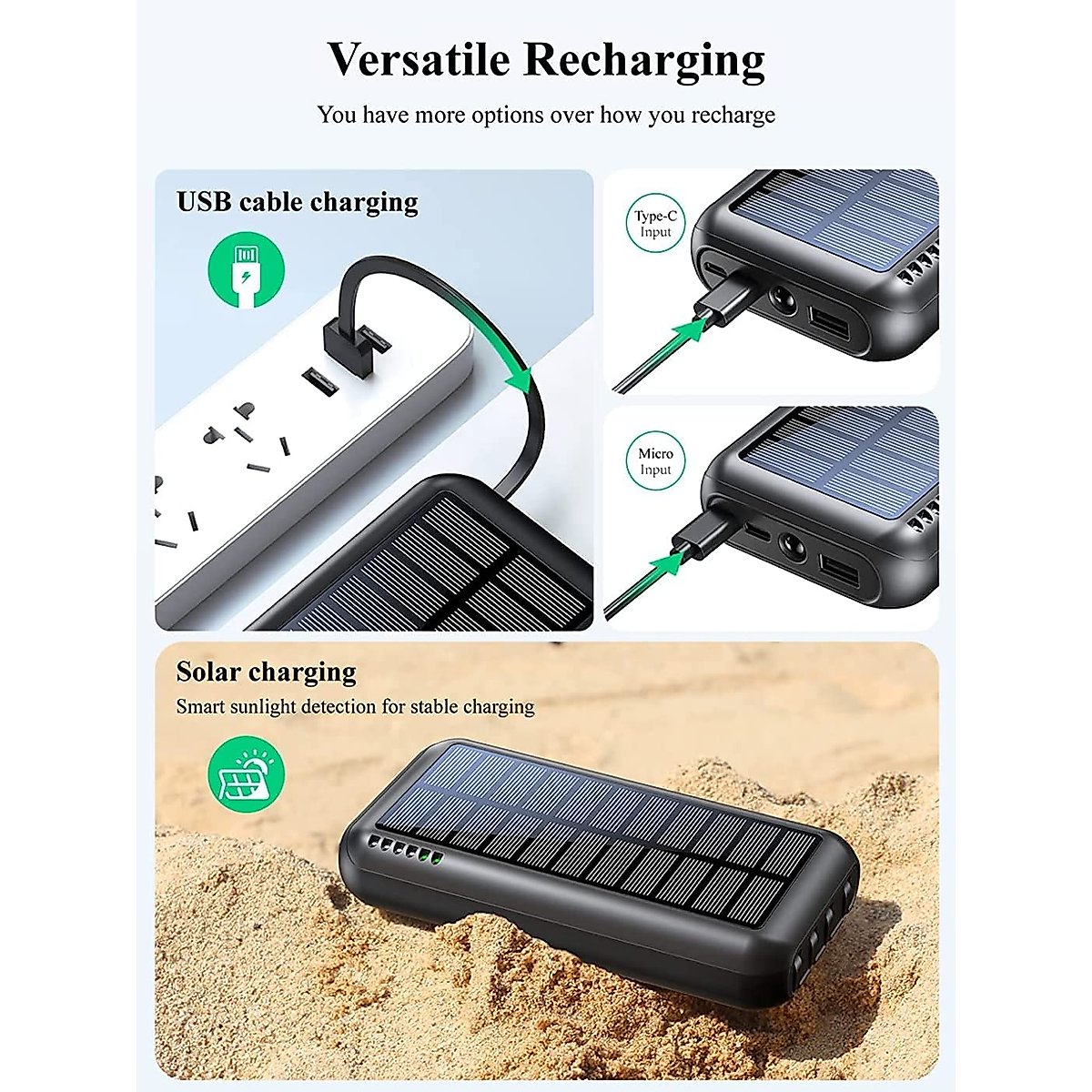 UYAYOHU Power-Bank-Solar-Portable-Charger - 40000mAh Power Bank Large Capacity Built in 3 Output and 1 Input Cables and Flashlight 5V3.1A Fast Charger Compatible with All Smart Phones and Devices
