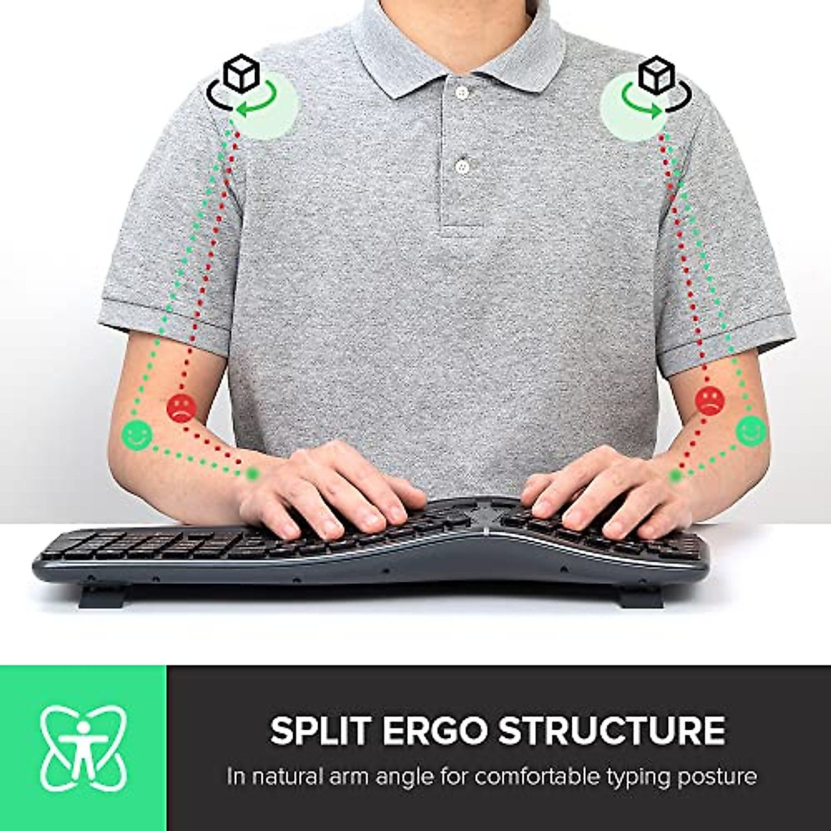 DeLUX Wireless Ergonomic Keyboard with Cushioned Palm Rest Against Carpal Tunnel, Ergo Split, Multi-Device Connection, Compatible with Windows, Mac OS (GM901D-Black)
