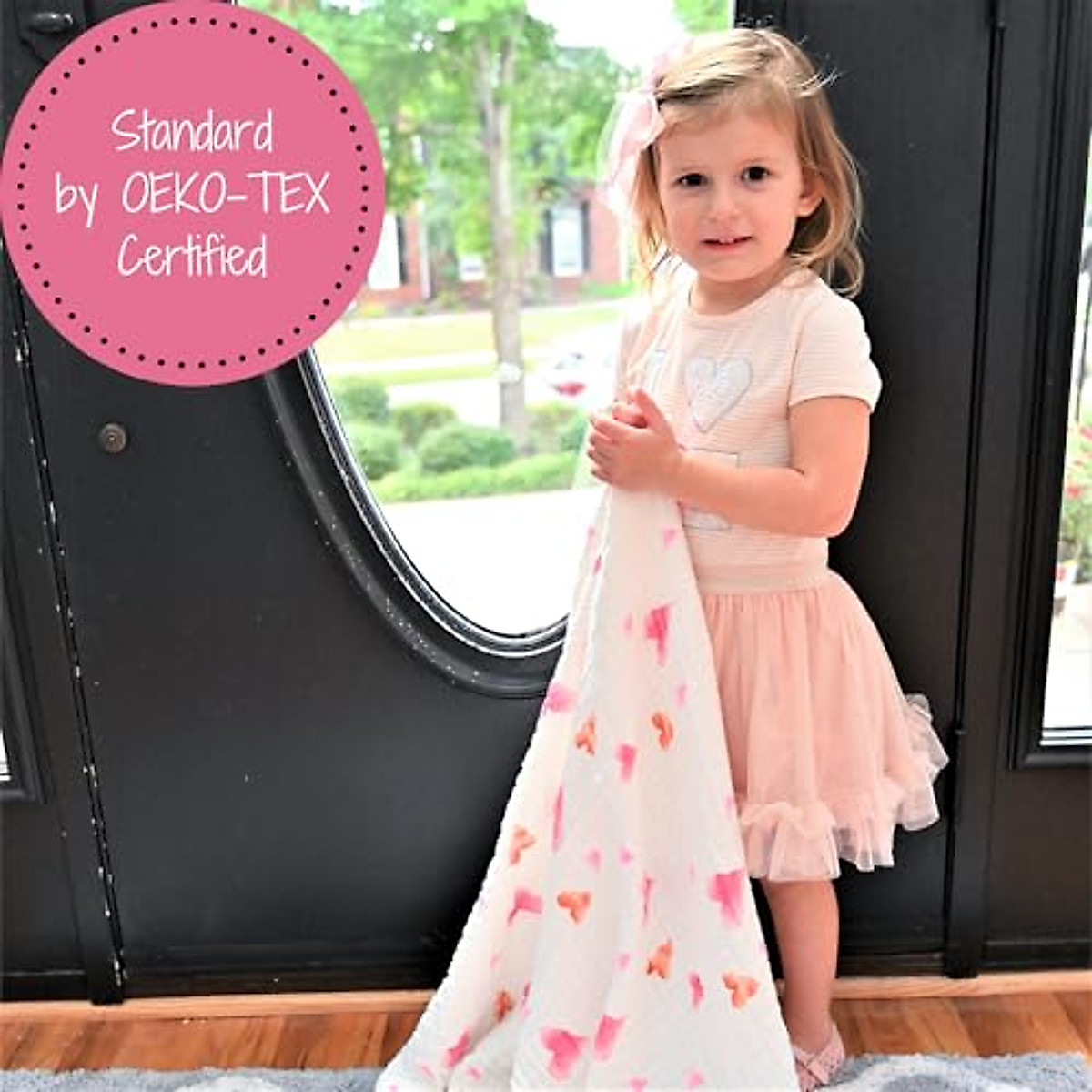 LollyBanks Muslin Baby Quilt 100% Cotton, 6 Layers Soft Baby Blankets for Girls, Large 47 x 47 Inches Baby Receiving Blankets, Durable Baby Bedding, Newborn Essentials, Registry (Heart Print)