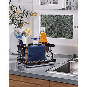 Consumest Sink Caddy, Sponge Holder for Kitchen Sink with Drip Tray, Non-Slip Kitchen Sink Organizer for Countertop, SUS304 Stainless Steel Rustproof Sink Rack - Bronze