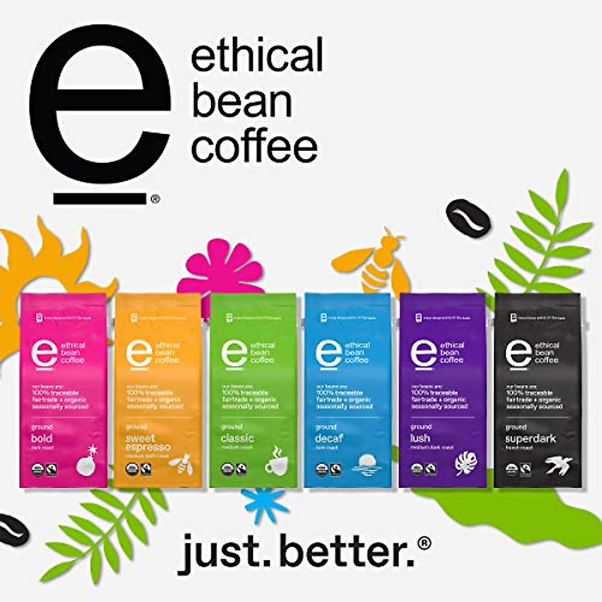 Ethical Bean Fairtrade Organic Coffee, Sweet Espresso Medium Dark Roast, Ground Coffee Beans - 100% Arabica Coffee (8 oz Bag), 0.5 Pound (Pack of 1)