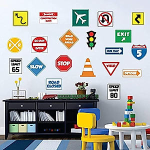IARTTOP Road Signs Wall Decal, Traffic Sign Wall Stickers, Stop Street Transportation Signs Vinyl Wall Decals for Kids Bedroom Classroom Playroom Nursery Wall Decoration