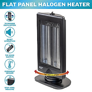 Comfort Zone Oscillating Portable Space Heater, Flat Panel, Halogen, Infrared, Electric, Adjustable Tilt, Overheat Sensor, Stay-Cool, & Tip-Over Switch, Ideal for Home, Bedroom, & Office, 800W, CZHTV9